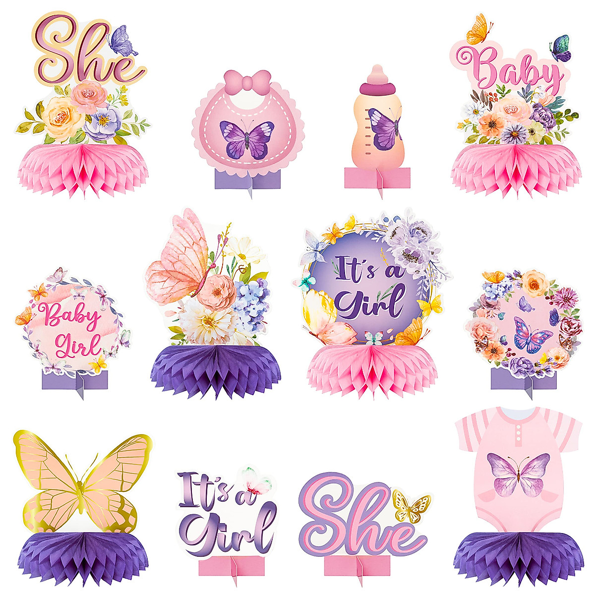 JAPBOR 12pcs Butterfly Baby Shower Party Honeycomb Table Centerpieces, It's a Girl Purple and Pink Decorations for Baby Girl Gender Reveal Party, Birthday Floral Butterflies Table Toppers