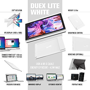 Duex Lite Portable Monitor for Laptop, 【2021 Upgrade】 Mobile Pixels 12.5" Full HD IPS Dual Monitor for laptops, USB C/USB A Powered Plug and Play Portable Display,Windows/Apple Compatible (1pc White)