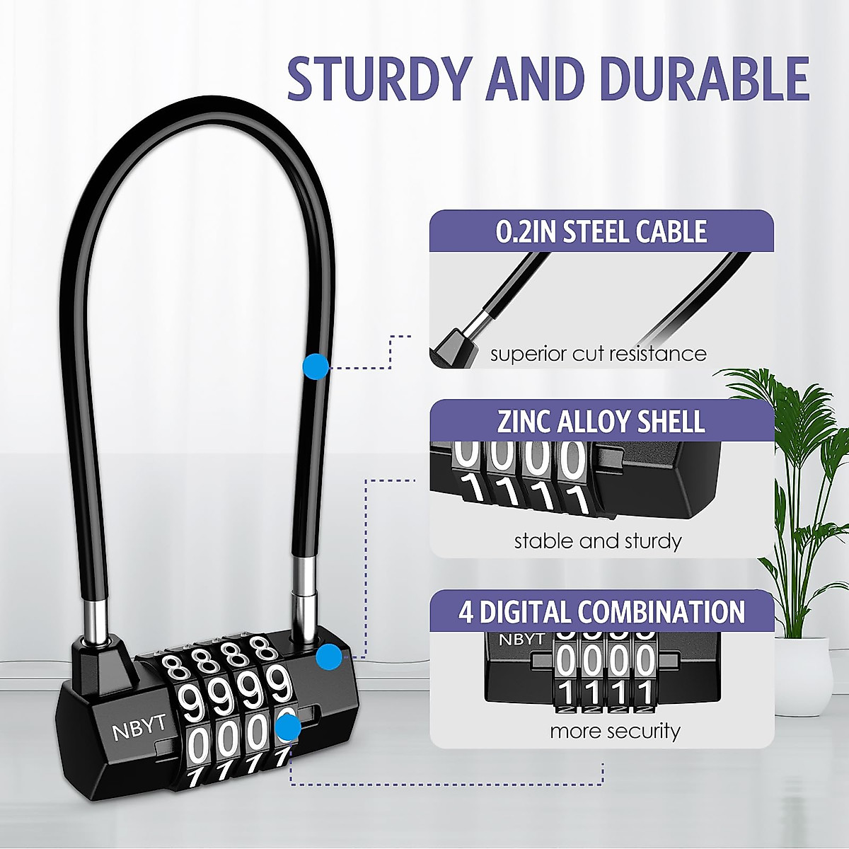 OQIMAX Long Shackle Combination Lock, 4 Digit Weatherproof Handle Padlock for Cabinet Door Outdoor, Resettable Handheld Lock for Travel Bag, Bike, Fence, Luggage School, Fence, Gym Sports Locker