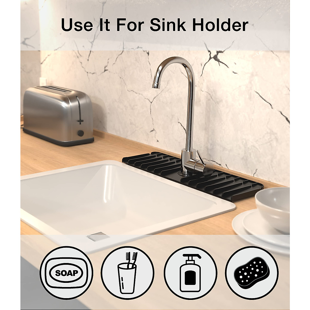 BLISSY LIFE Kitchen Sink Splash Guard - Silicone Mat Behind Faucet, Handle Drip Water Catcher Tray, Counter Backsplash Protector for Bathroom Kitchen RVs Farmhouse - 14 Inches (Black)