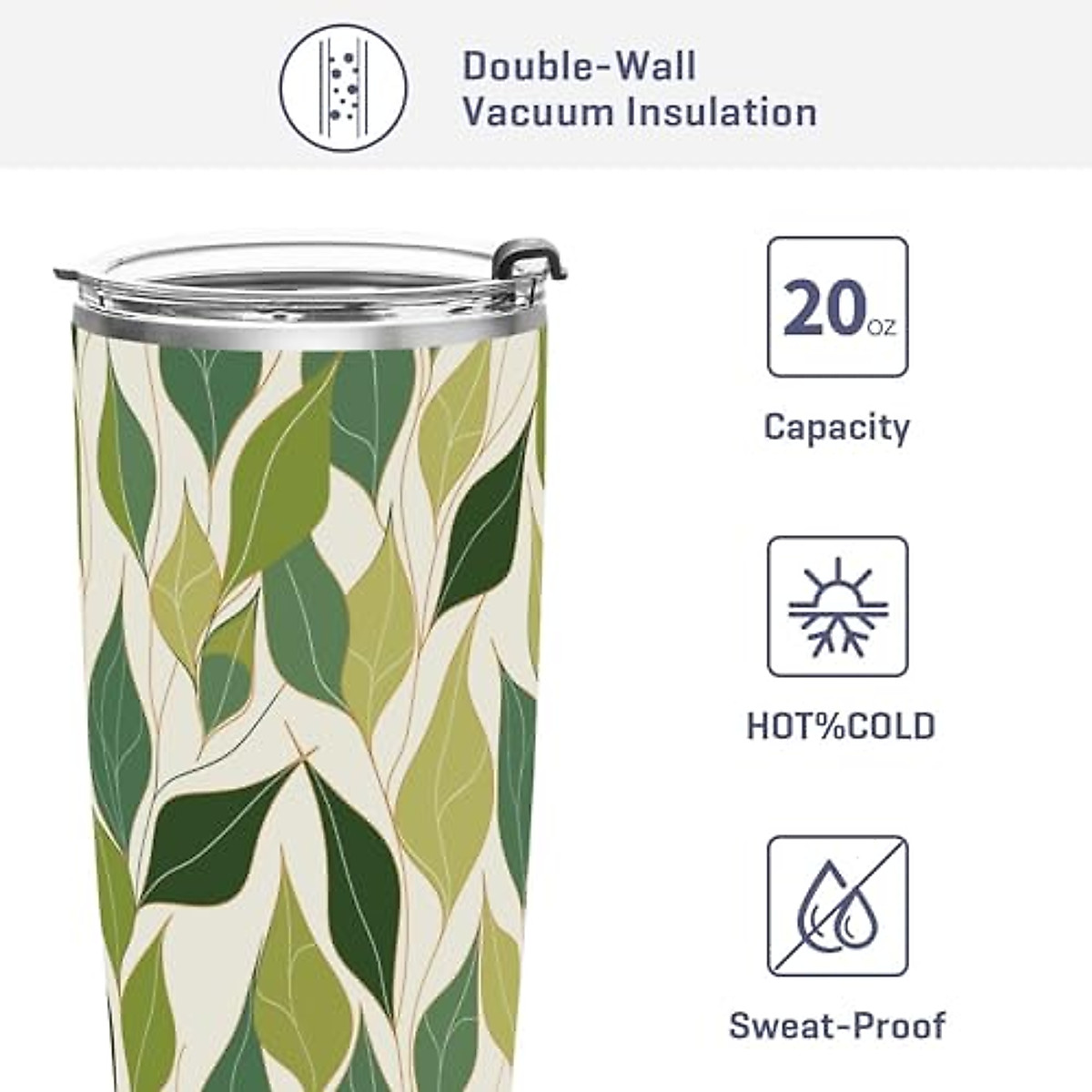 Green Leaves Stainless Steel car cup with Lid and Straw travel mug spill proof for café leakproof tumbler with lid and straw 20 OZ