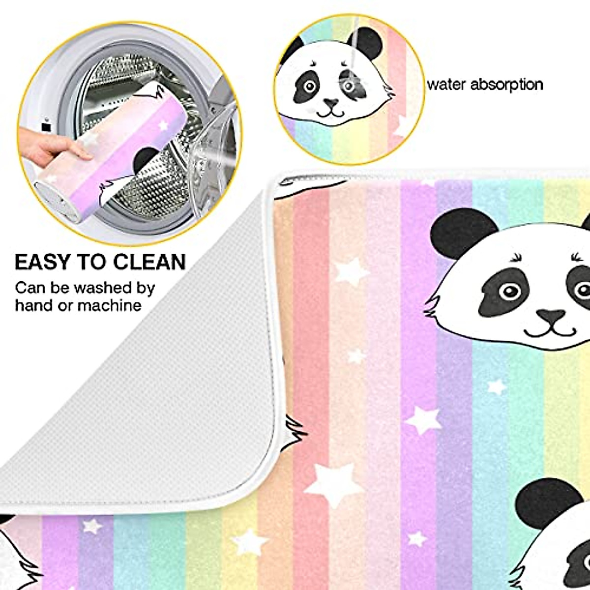 Cartoon Panda Rainbow Stripe Dish Drying Mat Counter Mats for Kitchen Dish Drainer Tray Heat Resistent Mat Terry Cloth Dish Drying Mat 18 x 24