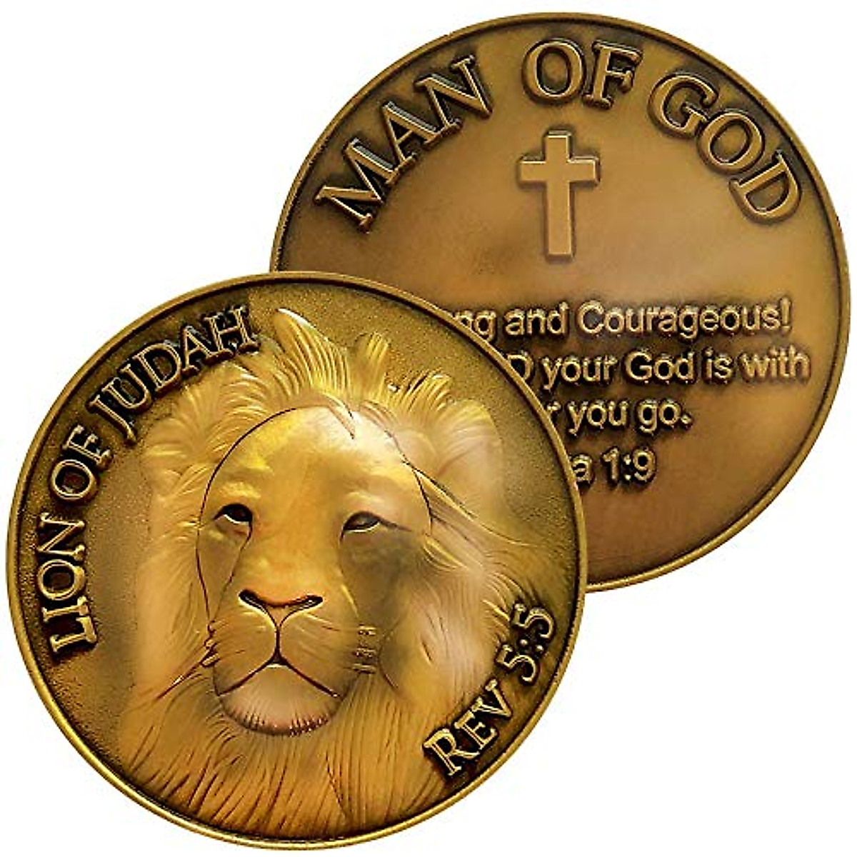 Lion of Judah, Man of God, Be Strong and Courageous, Antique Gold Plated, Challenge Coin, Joshua 1:10