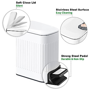 TIPGO Slim Bathroom Trash Can with Lid Soft Close, 6 Liter / 1.6 Gallon Stainless Steel Garbage Can with Removable Inner Bucket, Foot Pedal, Small Trash Cans for Bedroom, Office, Kitchen (White)