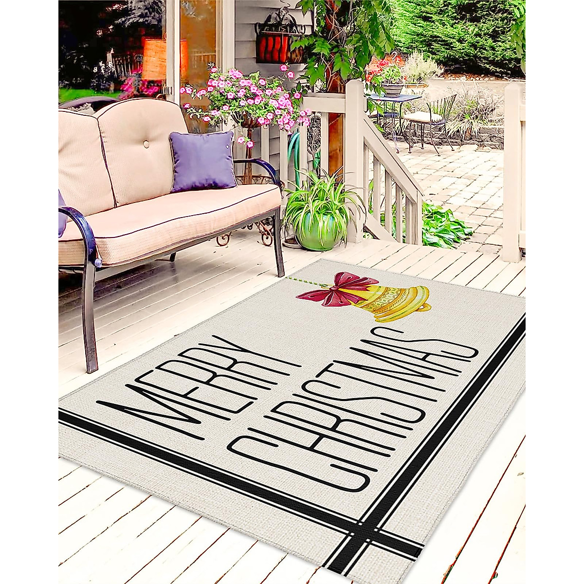 Christmas Outdoor Rugs for 4'x6' Patios Clearance, RV Camping Mat Rug Portable Outside Rug Indoor Outdoor Area Rug Mat for Beach Deck Pool Farmhouse Country Bell Stripes