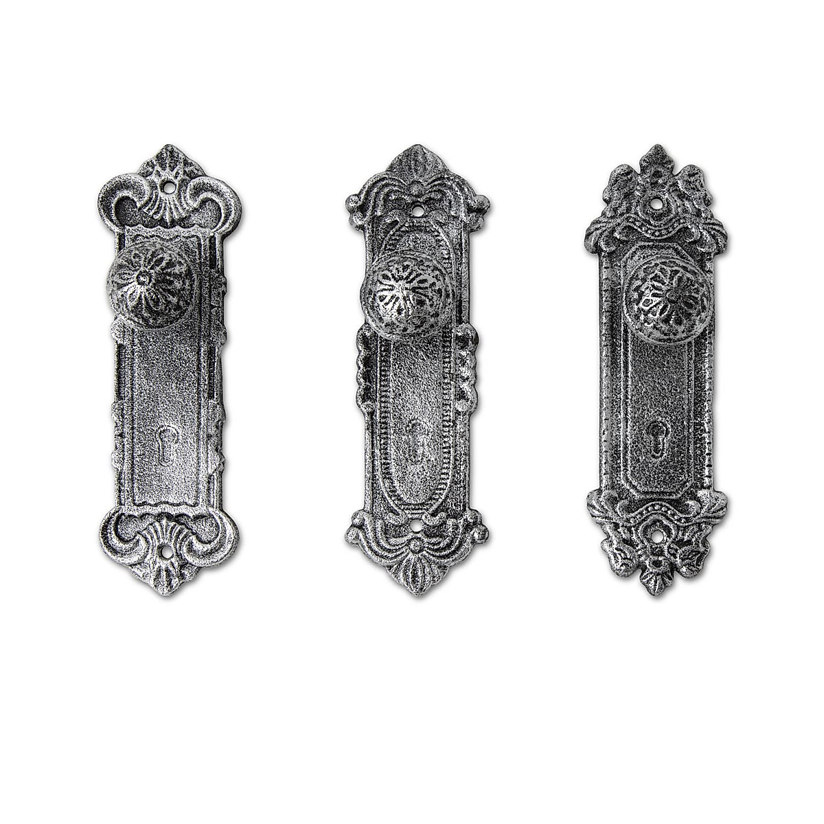 Shabby Chic Cast Iron Decorative Wall Mounted Hooks – Silver w/Black - Door Knob Coat Hooks for Wall - Set of 3 - Screws and Anchors Included - Antique Wall Hooks for Hanging Clothes