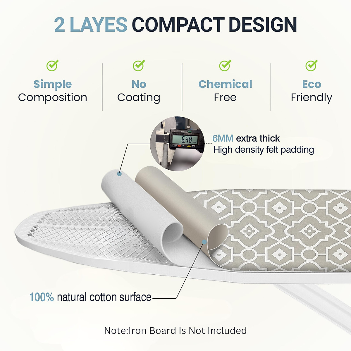 UniSimp Ironing Board Cover and Pad 18x54- Extra Thick Natural Cotton, Scorch and Stain-Resistant Iron Board Cover, Extra Large Iron Board Cover with Metal Fasteners Heavy Duty Heatproof Elastic Edge