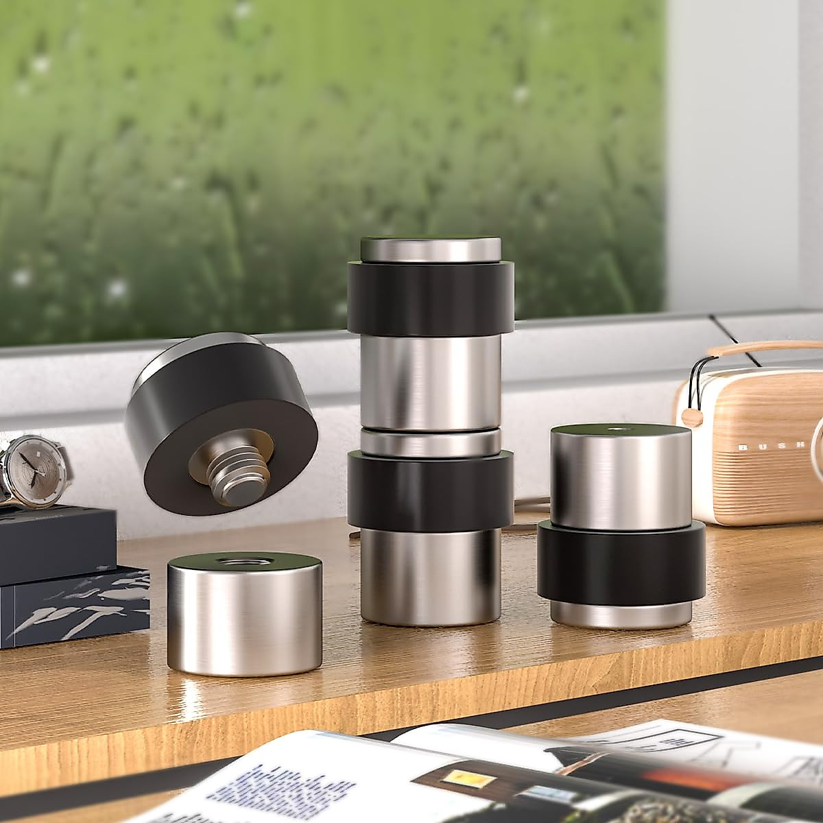 SANATO Nickel Cylindrical Floor Mounted Stainless Steel 304 Door Stop Door Stopper with Black Rubber, 4 Pack