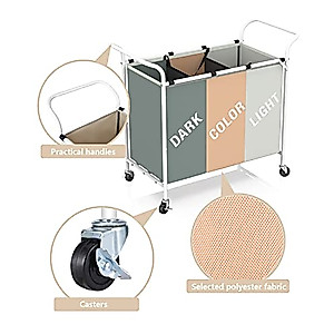 Laundry Sorter, Nerveol 44 Gallons Laundry Basket Laundry Hamper 3 Section with Heavy Duty Rolling Lockable Wheels and Removable Bags, 3 Bag Laundry Organizer Cart for Clothes Storage