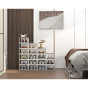 Pinkpum Shoe Ogranizer for Closet, 12 Pack Shoe Storage Boxes Clear Plastic Stackable Shoe Box, Shoe Containers Storage with Lids, Sneaker Container Bin Holder, Clear White