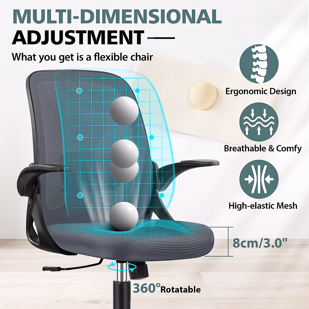 Winrise Office Chair Ergonomic Desk Chairs with Lumbar Support and Flip-up Arms, Comfortable Breathable Mesh Computer Executive Chair with Swivel Task, Adjustable Height 4'', Home, Bedroom - Dark Gray