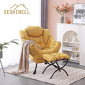 SESHINELL Faux Leather Lazy Chair with Ottoman, Suede Modern Accent Chair Contemporary Lounge Leisure Sofa Chair with Armrests, Reading Chair and Folding Footstool Set for Living Room, Bedroom, Yellow
