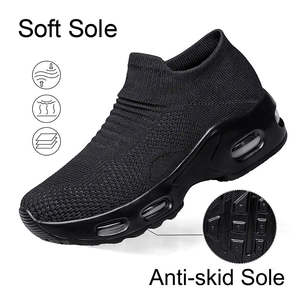 YHOON Women's Slip On Walking Shoes Breathable Lightweight Mesh Casual Running Jogging Sneakers Air Cushion All Black,11