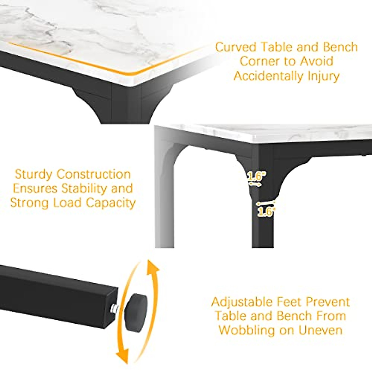 WiberWi Dining Table Set for 6, 47.3” Kitchen Dining Table, 5 Piece Kitchen Table and Chairs for 6, Heavy Duty Dining Room Table with Metal Frame & Faux Marble Tabletop for Kitchen Small Spaces