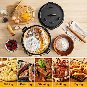 Velaze 10QT Camping Dutch Oven, Pre-Seasoned Cast Iron Camp Dutch Oven Pot with Lid, for Use in the Oven, on the Stove, Grill, or over the Campfire - Metal Handle, Lid Lifter, and Tripod