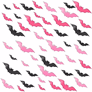 48Pcs Pink Halloween Bats Wall Decor, 3D Bats Halloween Decoration PVC Bats Wall Bat Stickers for Wall, Adhesive Bat Wall Decals Spooky Bats for Home Indoor, Halloween Wall Decor(Black Pink Rose)