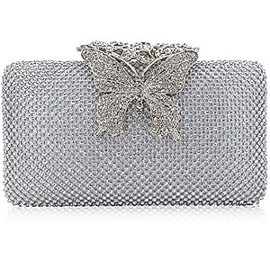 Dexmay Rhinestone Crystal Clutch Purse Butterfly Clasp Women Evening Bag for Formal Party Silver