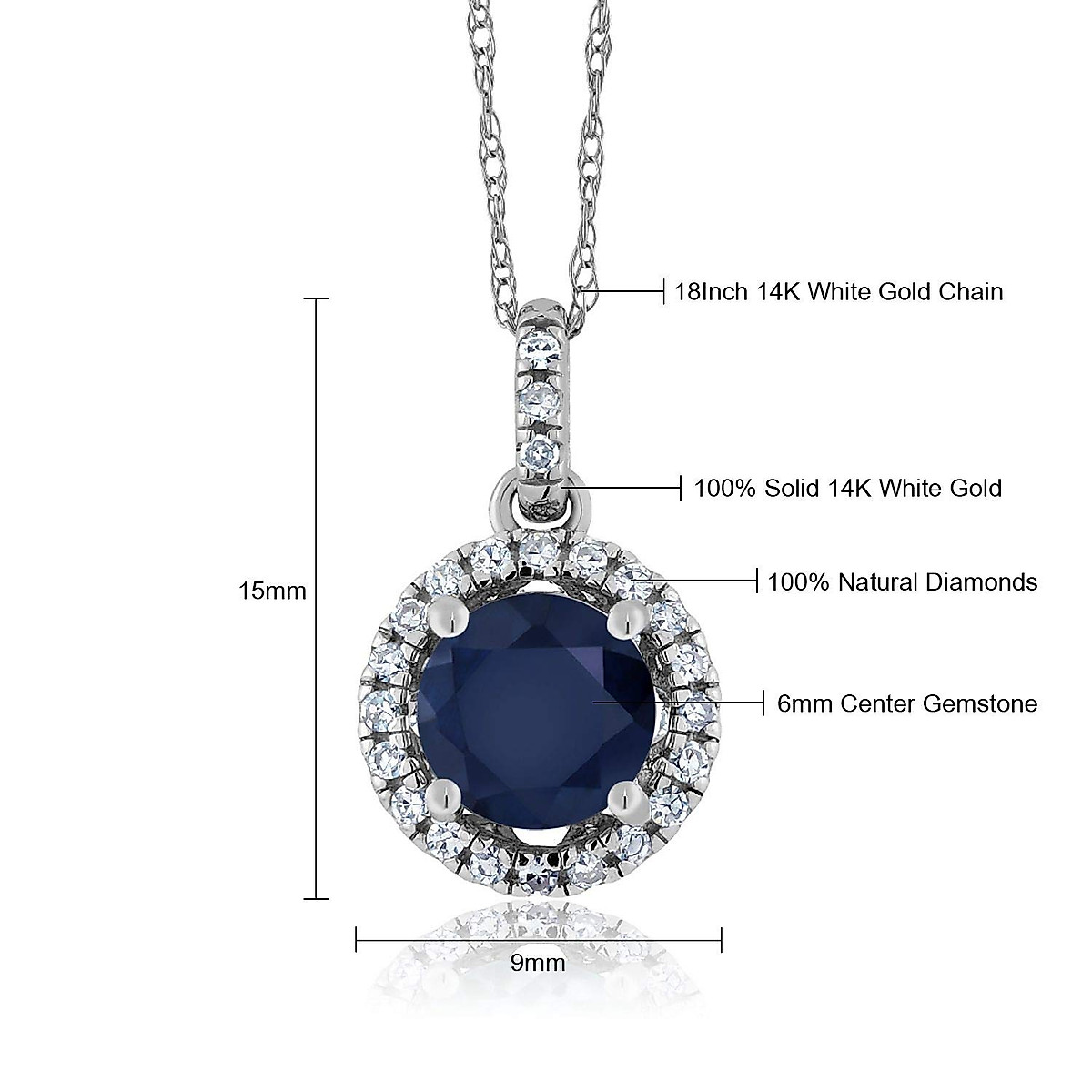Gem Stone King 14K White Gold Blue Sapphire and Diamond Pendant Necklace For Women (1.17 Cttw, Round Cut 6MM, Gemstone Birthstone, with 18 Inch Chain)