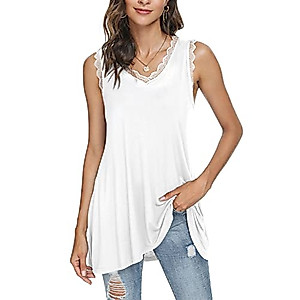POPYOUNG Plus Size Women's Summer Lace Sleeveless Tunic Tops to Wear with Leggings V-Neck Flowy Tank Top Casual Shirt L, White