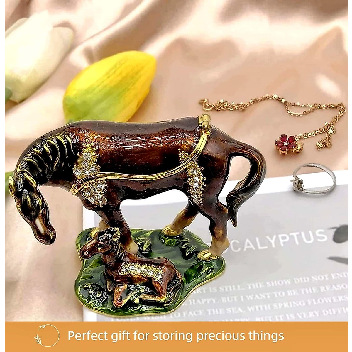 JWT Astyle Thoroughbred Horse Hinged Trinket Boxes with Crystals.Collectible Animal Jewelry Box .Necklace Rings Earrings Storage Boxes.Horse Figurines Home Decor Gifts .
