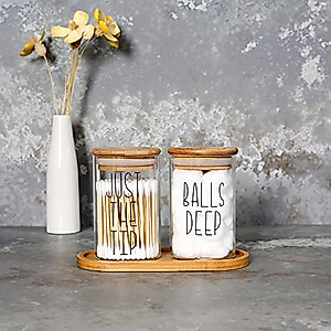 MOMEEMO Funny Qtip Holder and Cotton Ball Holder Set for Bathroom Organization. Apothecary Jars with Bamboo Tray are Great for Farmhouse Bathroom Decor, Rustic Bathroom Decor. (Glass&Tray)
