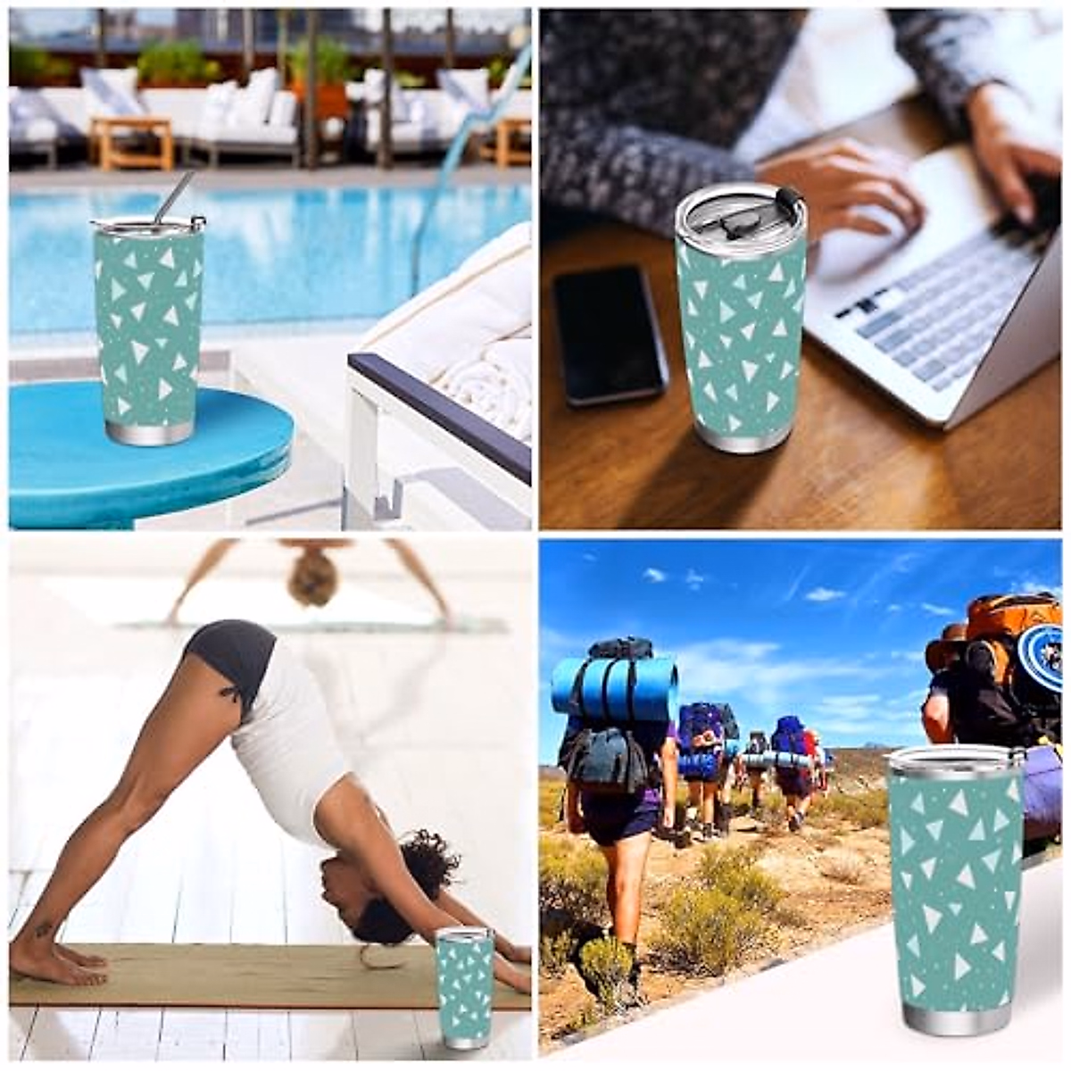 Green Cute Triangle Stainless Steel mugs for hot and cold with Straw Leak Resistant Flip travel mug for Water, Iced Tea or Coffee reusable insulated tumbler 20 OZ