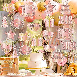36PCS Pink Rose Gold 13th Birthday Decorations Hanging Swirls for Girls, Happy 13th Birthday Party Supplies Vintage 2012 Foil Swirls,Thirteen Years Old Birthday Ceiling Hanging Decorations Party Decor
