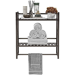 TZAMLI 2-Tier Towel Rack Wall Mounted Bathroom Shelves with Towel Bar, Floating Shelves Over Toilet, Metal Storage Shelf Shower Organizer, Brown