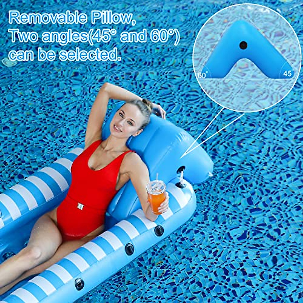 Inflatable Pool Float for Adults with Detachable Canopy and Cup Holder Outdoor Lounge Pool Lounger Rafts with Adjustable Inflatable Pillow for Swimming Lake Beach Vacation (Blue Stripe)