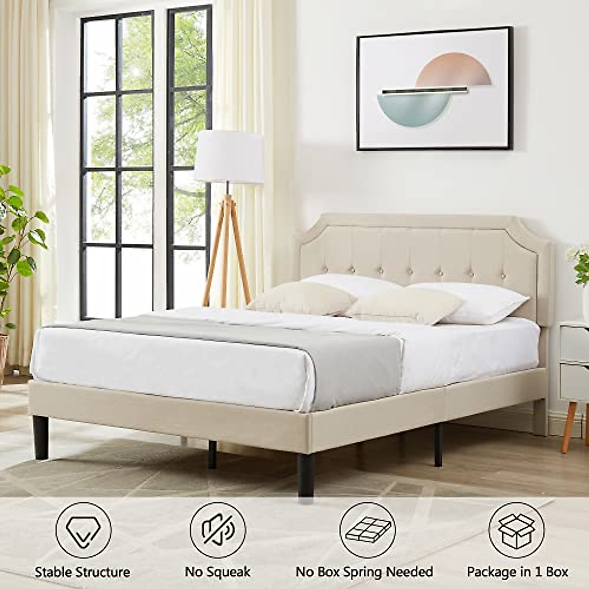 VECELO Upholstered Platform Bed Frame with Adjustable Headboard, Wooden Slats Support, No Box Spring Needed, Modern Style, Queen Size
