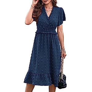 BTFBM Women's Summer Elegant Short Sleeve V Neck Swiss Dot Midi Dresses Cute Boho High Waist Long Dresses A-Line Ruffle Dress（Solid Navy,Large