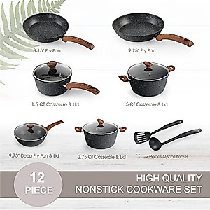 MAISON ARTS 12 Piece Pots and Pans Set Kitchen Cookware Sets Nonstick Granite Cooking Set for Induction & Dishwasher Safe, Oven, Stovetop, Black