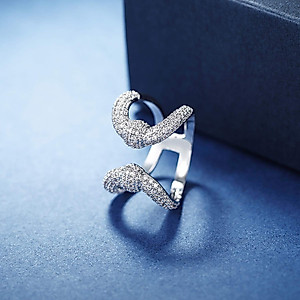 YEEVAA White Gold Plated Platinum Double C Open Ring with Cubic Zirconia CZ Inlaid, Statement Adjustable Ring, Band Rings for Women(can be adjusted size 6-9)