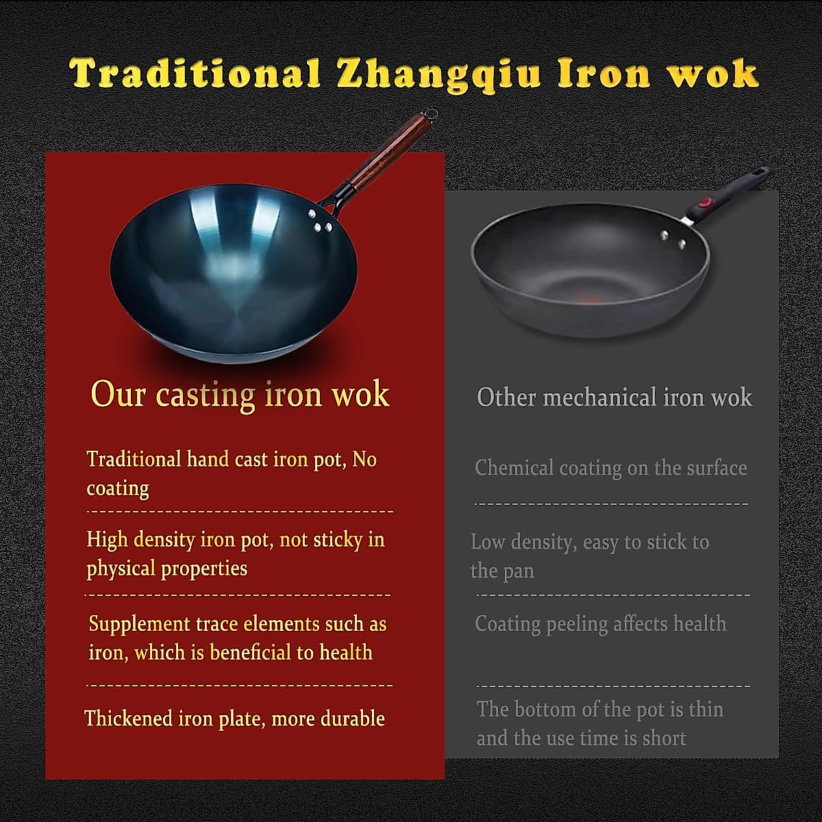 TKRADISH 13 Inch Chinese Hand Hammered Iron Wok and Stir Fry Pans with Wooden Handle and Lid Round Bottom Wok Pan Non-stick No Coating Ideal for Home Use and Gift Giving