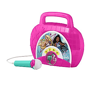 eKids Barbie Sing Along Boom Box Speaker with Microphone for Fans of Barbie Toys, Kids Karaoke Machine with Built in Music and Flashing Lights