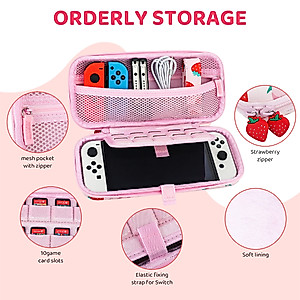 FANPL Carrying Case for Nintendo Switch and Switch OLED Accessories, Pink Strawberry Travel Case Bundle with Adjustable Shoulder Strap, Thumb Grips, Hard Switch Protective Case Cover Anti-scratch