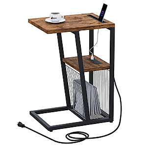 Heybly Side Table, C Shaped Nightstand End Table with Charging Station and Phone Holder,2 USB Ports and Power Outlets, Snack Sofa Couch Tables for Small Spaces, Rustic Brown HET001CSR1