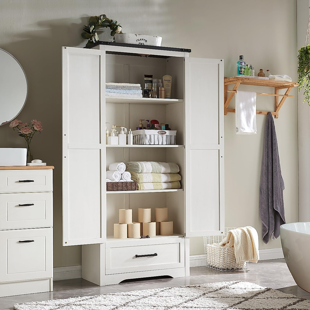 JXQTLINGMU 72" Tall Farmhouse Pantry Cabinet with Adjustable Shelves with Drawer & 2 Barn Doors, Versatile Storage for Kitchen, Living Room, Bathroom, Antique White