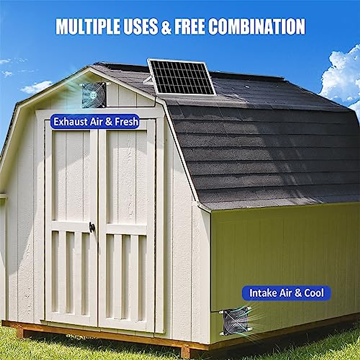 pqins 5 Inch Solar Powered Fan, Solar Exhaust Intake Fan Kit, IPX7 Waterproof Dual Fans with 13Ft On/Off Switch Cable, Cooling Ventilation for Greenhouse, Chicken Coop, Shed, Dog House, Outside