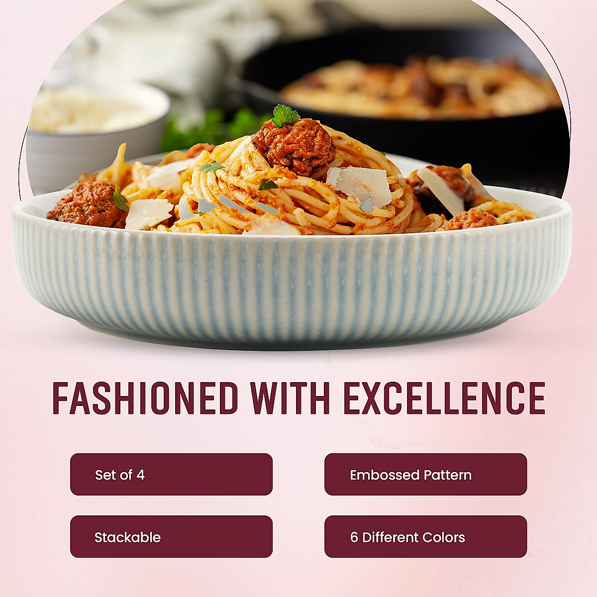 American Atelier 9-Inch Pasta Bowl (Set of 4) - 42 oz Unique Porcelain Dinner Bowls - Versatile Modern Dinnerware for Salads, Soups, Special Occasions & Casual Dining (Light Blue)