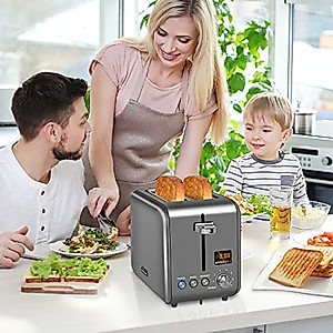 SEEDEEM Toaster 2 Slice, Stainless Steel Bread Toaster with Colorful LCD Display, 7 Bread Shade Settings, 1.4'' Wide Slots Toaster with Bagel/Defrost/Reheat Functions, Removable Crumb Tray, 900W, Dark Metallic