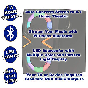 Acoustic Audio AA5210 Home 5.1 Speaker System with Bluetooth, LEDs, FM, Optical Input and 2 Ext. Cables