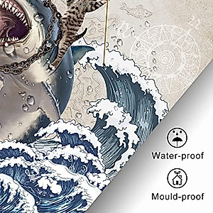 LEITINGYA Funny Cat Shower Curtain, Cool Cat Riding Shark Shower Curtain, Japanese Ocean Wave Nautical Anchor Shower Curtains for Bathroom, Waterproof Shower Curtain Set 12 Hooks Included -72x72 Inch