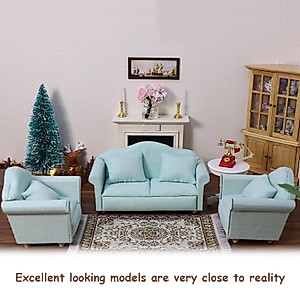 Dollhouse Couch with Pillow 1 12 Scale Miniature Sofa Arm Chair Living Room Furniture Wooden Fabric Frame Single Reading Chair Artificial House Room Scene Decoration (Green)