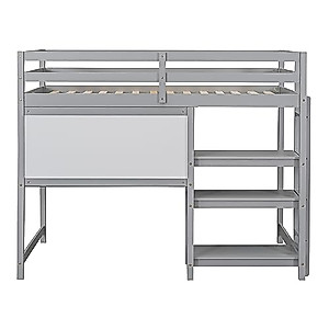 Epinki Twin Size Wooden Loft Bed with Shelves, Desk and Writing Board - Gray, Kids Bed, No Box Spring Needed, Easy Assembly