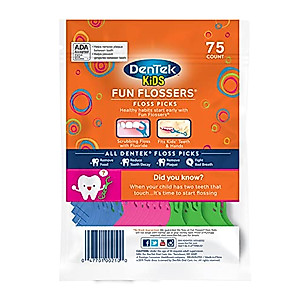 DenTek Kids Fun Flossers, Removes Food & Plaque, Wild Fruit Flavored Floss Picks, 75 Count, 6 Pack