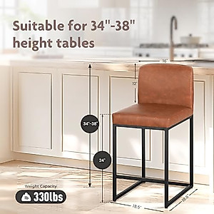 ALPHA HOME 24” Bar Stools Set of 4 Counter Height Bar Stool Pu Leather Kitchen Modern Bar Stools with Backrest Upholstered Footrest Sturdy Chromed Metal Steel Frame,Brown.