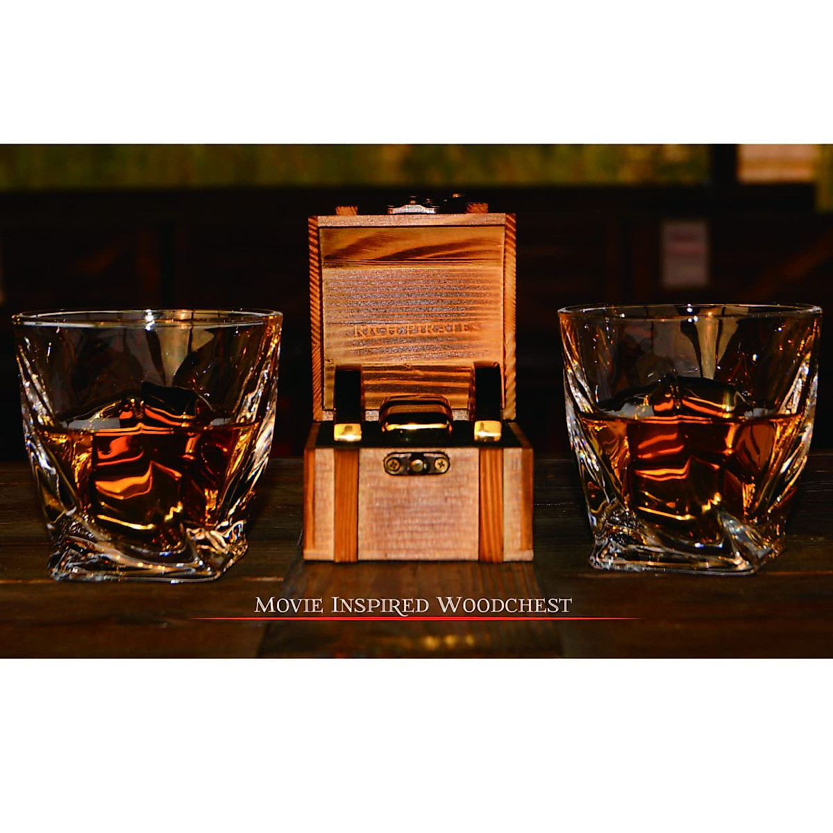 New Pirate Themed Gold Whiskey Coin and Cube Set, Stainless Steel Whiskey Chilling Stones | 4pc Set with Wooden Chest | Whiskey Gift for Men, Dad, Husband, Boyfriend