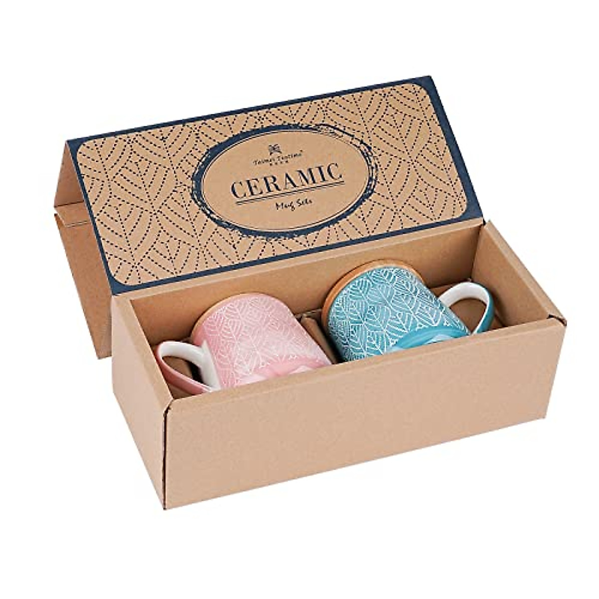 Taimei Teatime Coffee Mug with Lid Set of 2, 16.5 oz Ceramic Coffee Mugs with Handpainted Floral Pattern, Mugs Gift Set for Tea Lover, Woman and Couple, Microwave and Dishwasher Safe