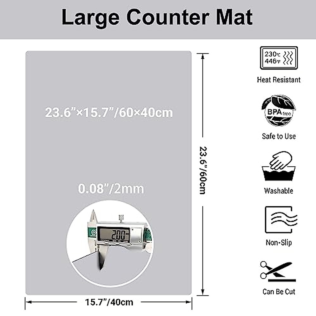 Ewen Extra Large Silicone Mat - 23.6"x15.7" Extra Thick Heat Resistant Mat, Silicone Place Mat Cutting Board Mat Kitchen Counter Mats for Air Fryer, Coffee Maker, Mixer, Crafts, Light Grey